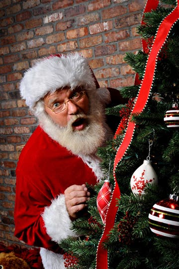 Santa Claus Surprised by the Christmas Tree Stock Image - Image of ...