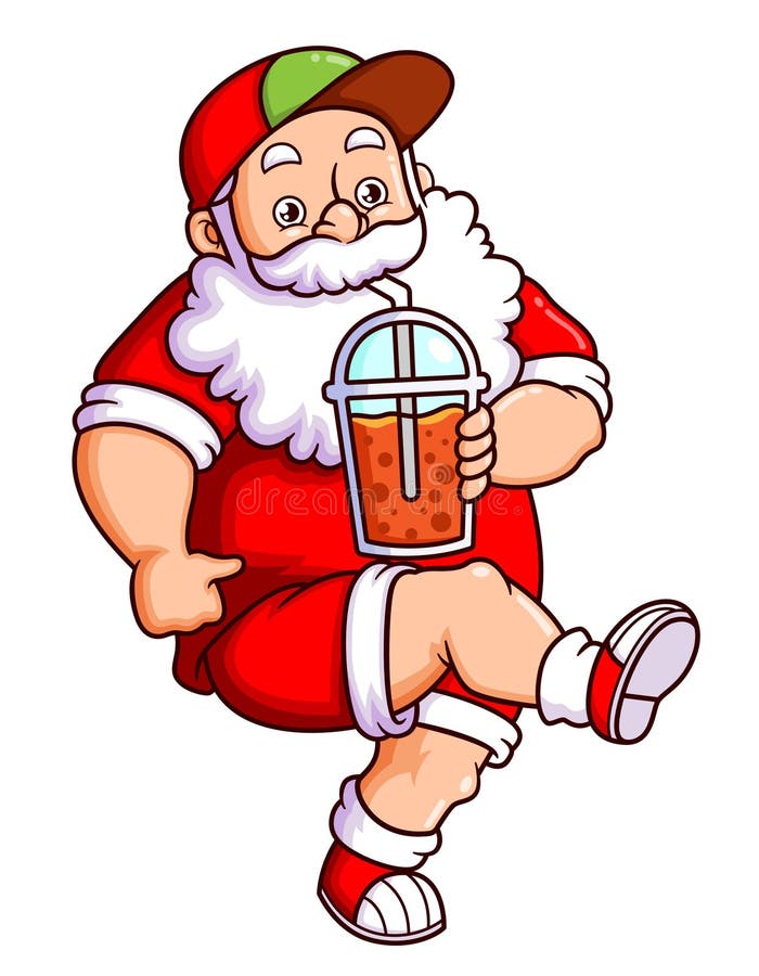 The Santa Claus is Wearing a Cool Cap and Drinking Big Bubble Tea Stock ...