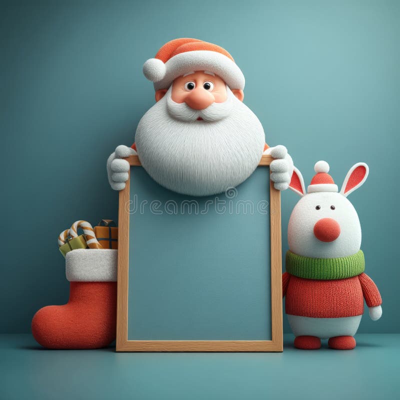 Santa Claus and a White Rabbit Stand beside a Blank White Sign on a ...