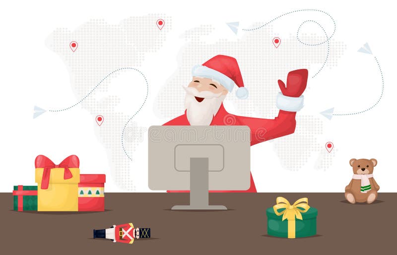Santa Claus Work Online on His Computer. World Map. Santa is Looking ...