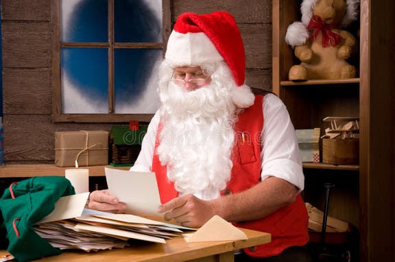 Santa Claus in Workshop with Letters Stock Photo - Image of eyeglasses ...