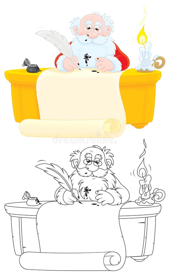 Santa Claus Writing a Feather Stock Illustration - Illustration of ...