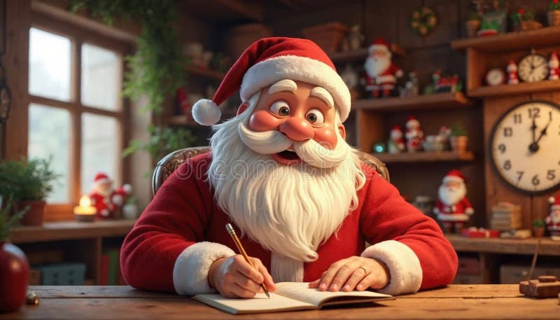 Santa Claus Writing in His Notebook at the Workshop Stock Image - Image ...
