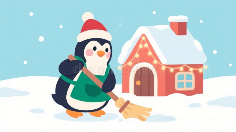 Festive Penguin Sweeping Snow Stock Illustration - Illustration of ...