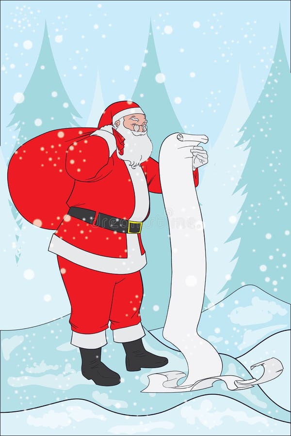 Santa Clause Checking His Long Scroll List before Gift Distribution ...