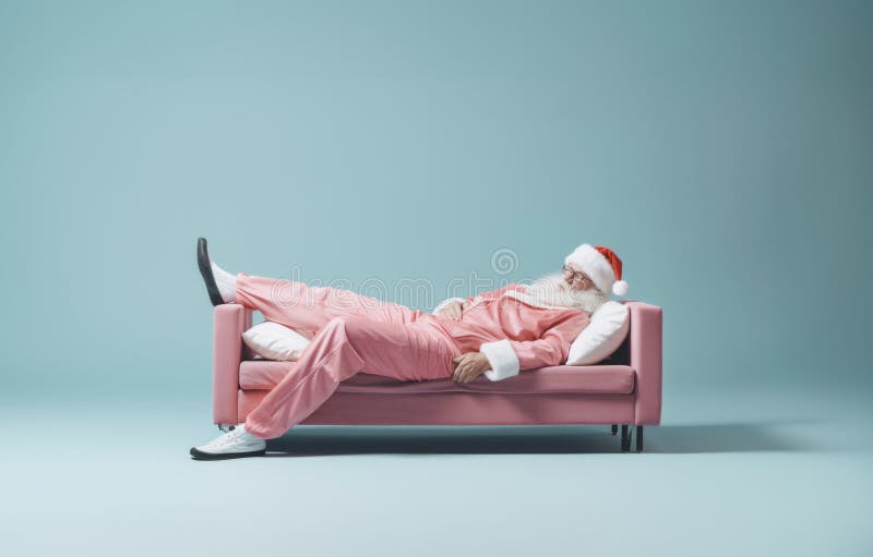 Santa Clause Resting on the Sofa in a Pink Suit. Merry Christmas ...