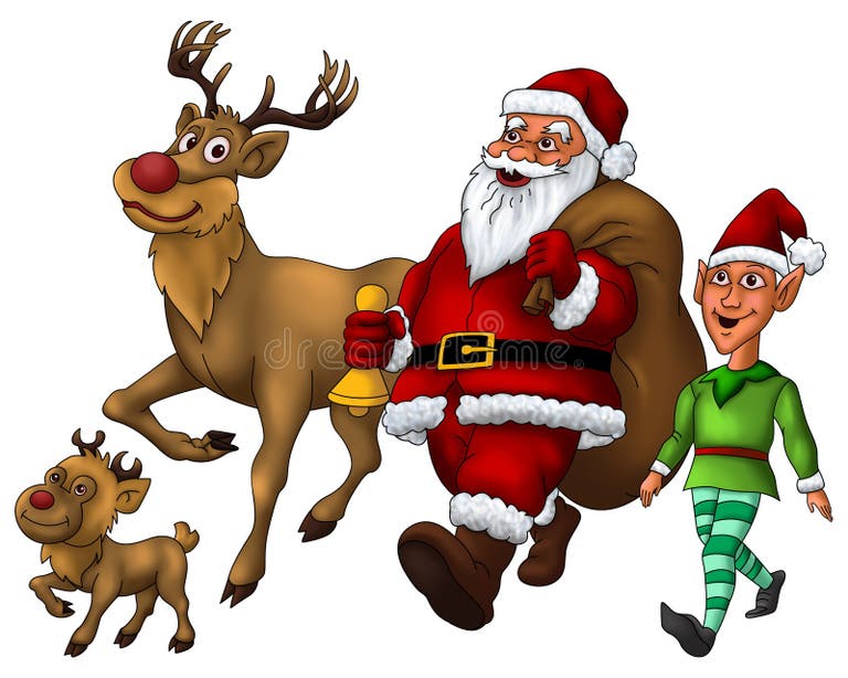 Santa Distributing Gift with Elf and Rudolph Stock Illustration ...