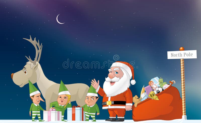 Santa, Elfs and Reindeer in the North Pole Stock Illustration ...