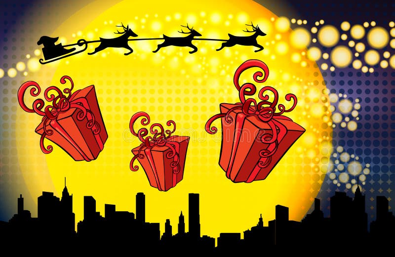 Santa Fly Over City Night and Drop Gift Boxes. Vector Image/ Stock ...