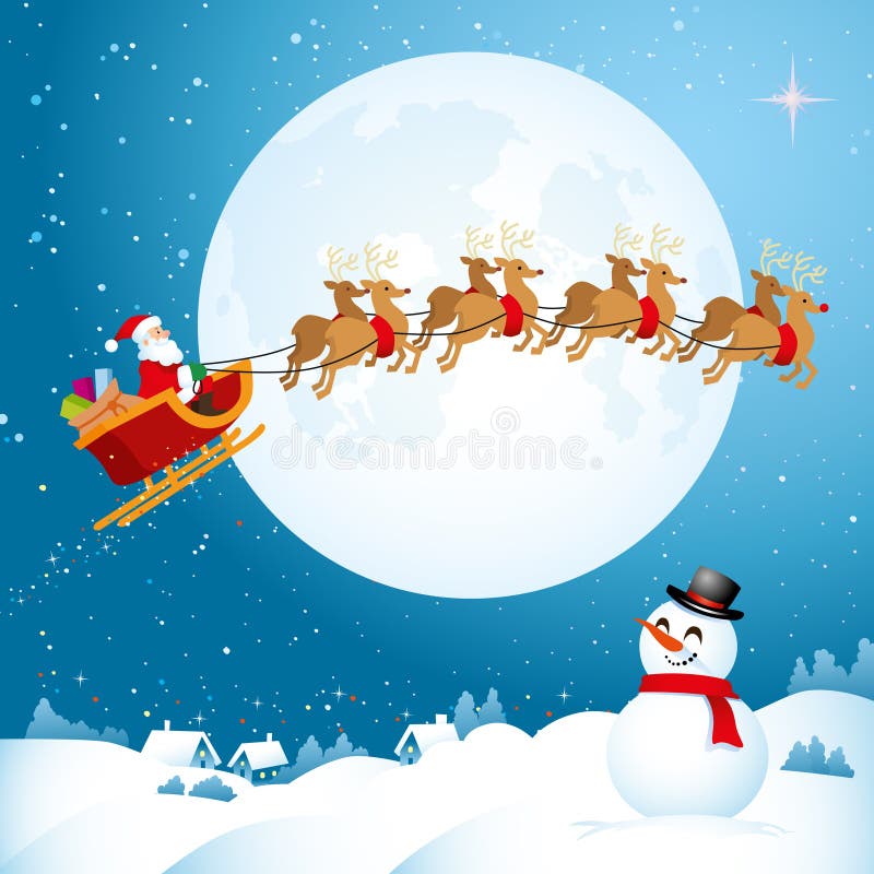 Santa and Reindeer Flying through the Night Sky Stock Vector ...