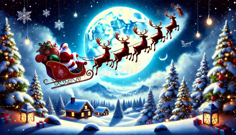 Santa flying his sleigh stock illustration. Illustration of people ...