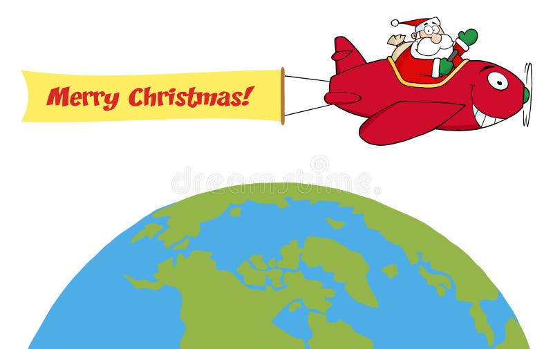 Santa Flying a Plane Banner Over the Globe Stock Vector - Illustration ...