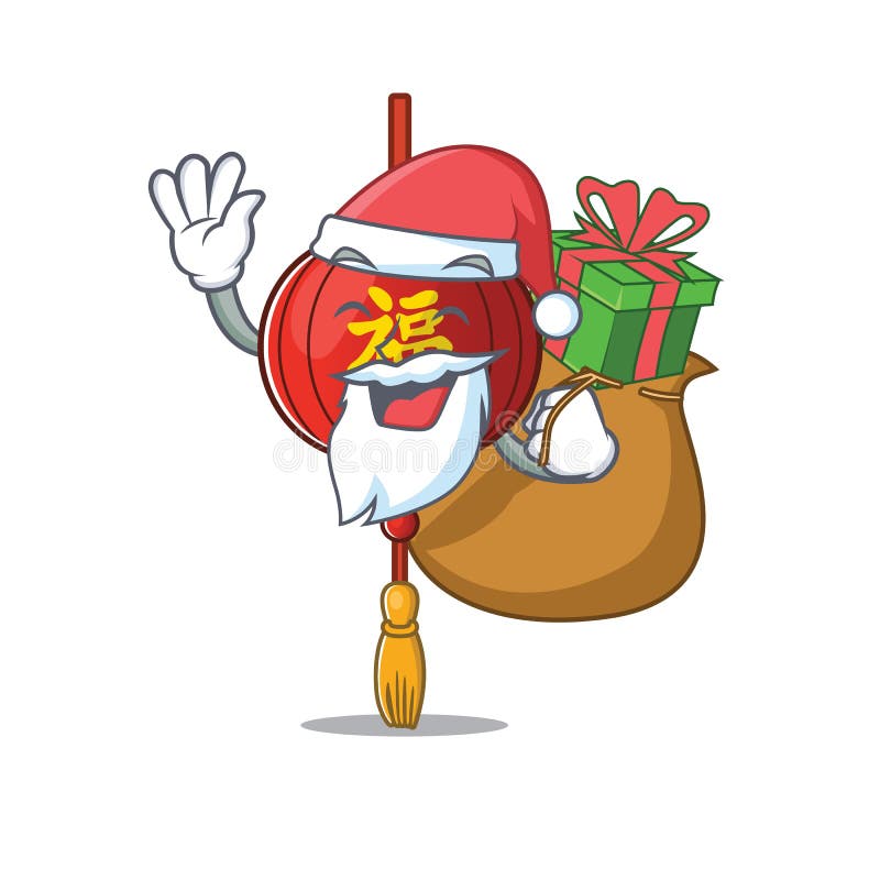 Santa with Gift Asian Lantern Cartoon Character Design Stock Vector ...