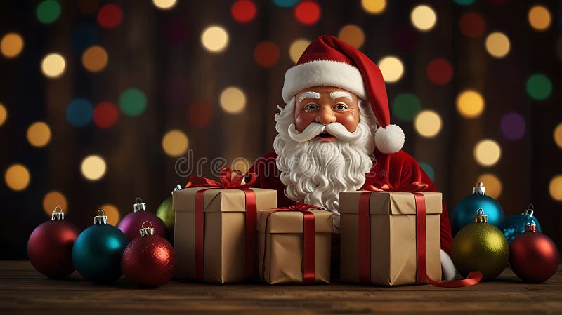 Santa, Gift Box, and Ornaments Sparkle in Holiday Lights Stock ...