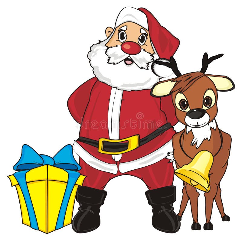 Santa with gift and deer stock illustration. Illustration of couple ...