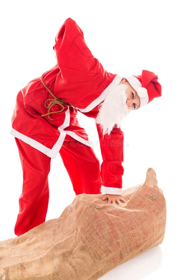 Santa Girl with Backache through Too Much Presents, Isolated on Stock ...