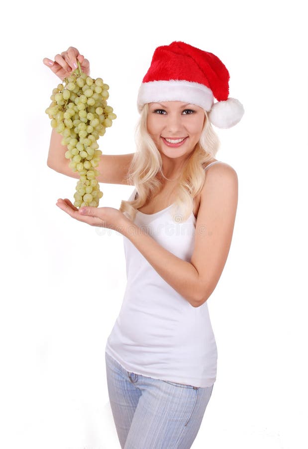 Santa Girl in Christmas Hat with Bunch of Grapes Stock Photo - Image of ...