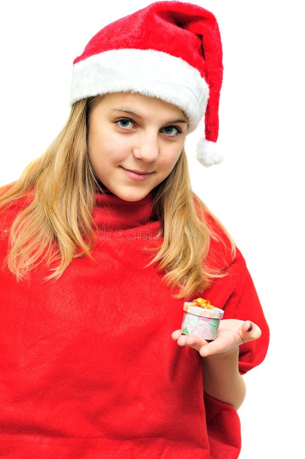 Santa girl with present stock photo. Image of beautiful - 16597840