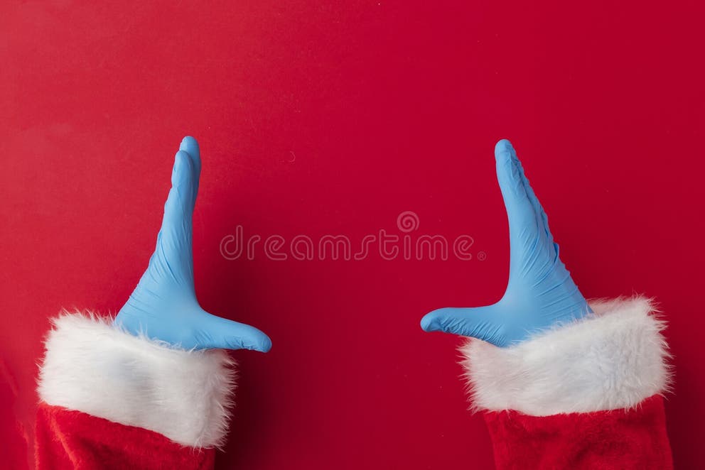 Santa Hands Wearing Blue PPE Protective Gloves Making Frame with Hands ...