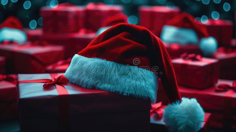 A Santa Hat Sitting on Top of a Pile of Presents Stock Illustration ...