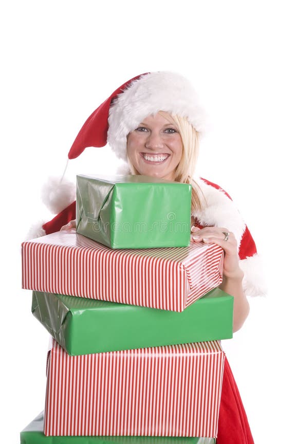 Santa Helper with Stack of Presents Stock Image - Image of gift ...