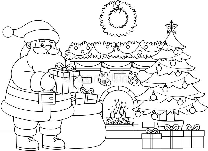 Santa Holding Gift with Christmas Fireplace and Christmas Tree Outline ...