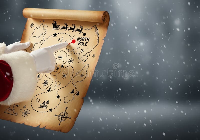 Santa Holding Parchment Map Pointing To North Pole in Snowy Scene Stock ...