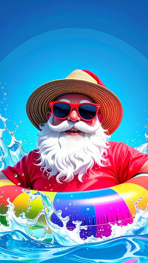 Santa in Inflatable Ring with Sunglasses Water Splashes and Blue ...