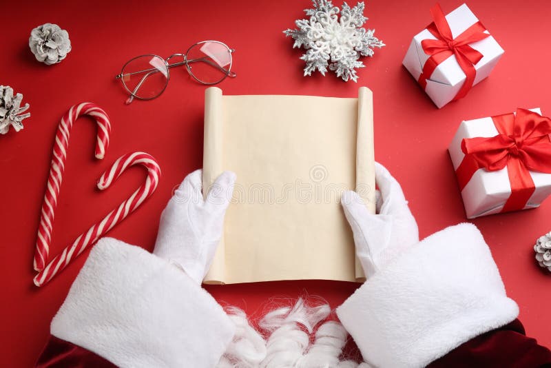Santa with Letter at Red Table, Top View Stock Image - Image of santa ...