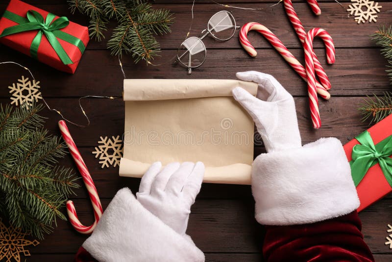 Santa with Letter at Wooden Table, Top View Stock Photo - Image of ...
