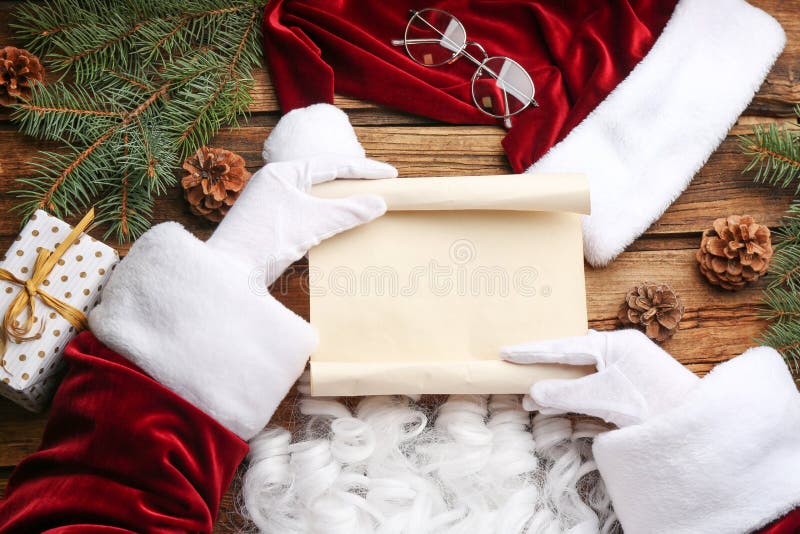Santa with Letter at Wooden Table, Top View Stock Photo - Image of ...