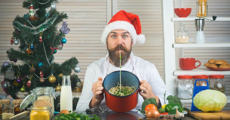 Santa Man Cook Chef. Christmas Banner with Cooking Man. Stock Image ...