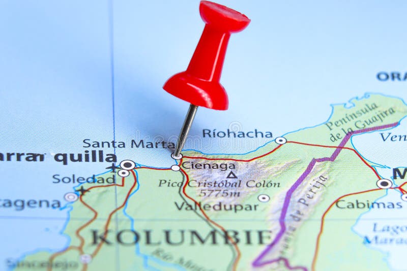 Santa Marta, Colombia Pin on Map Stock Image - Image of road, country ...
