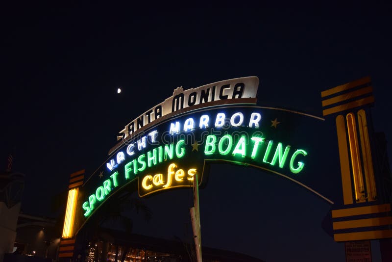 Santa Monica Pier Sign at Night Editorial Stock Image - Image of sign ...