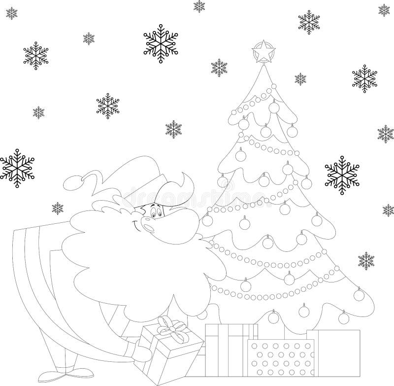 Outlined Santa Claus Cartoon Character Putting Gifts Under Christmas ...