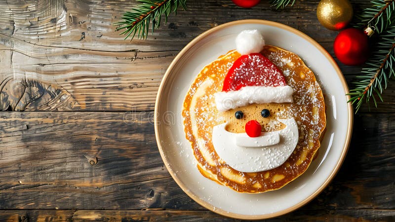 Santa Pancake with a Red Hat, Fluffy White Beard, and Powdered Sugar on ...