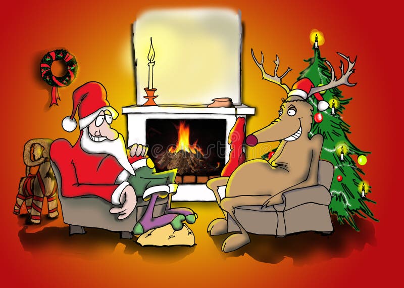 Santa and Reindeer by the Fire Stock Illustration - Illustration of ...