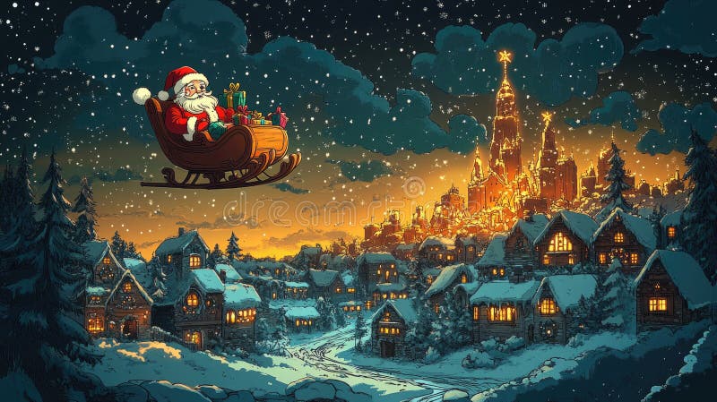 Santa Riding a Sleigh in a Snowy Landscape with Trees Stock ...