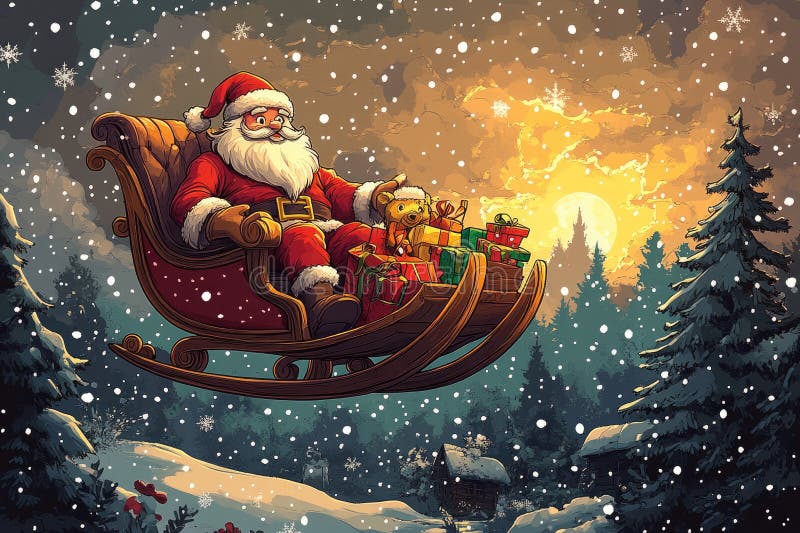 Santa Riding a Sleigh in a Snowy Landscape with Trees Stock ...