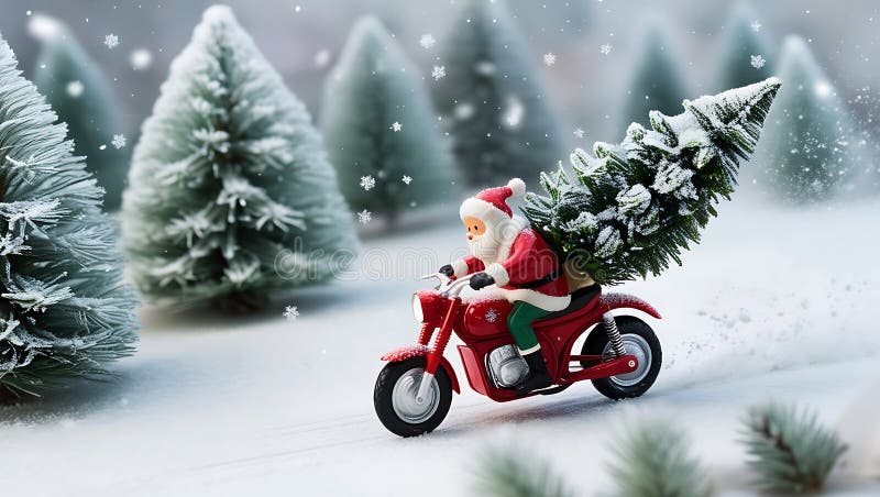 Santa S Festive Ride a Christmas Tree on Two Wheels Stock Illustration ...