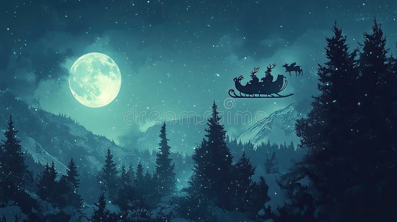 "Santa S Sleigh Over Snowy Mountains Under Full Moon" Stock ...