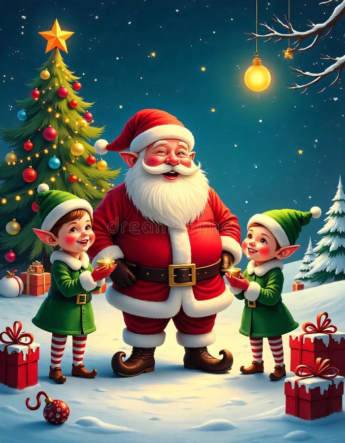 Illustration of Santa Claus with Children Standing on Snow-covered ...