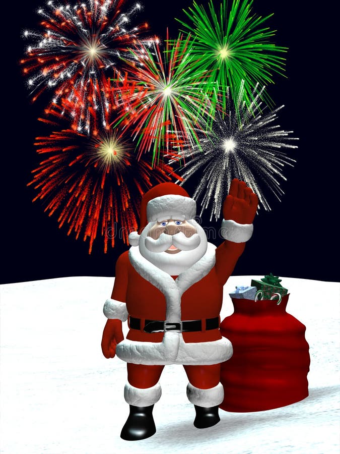 Santa Waving with Christmas Fireworks Stock Illustration - Illustration ...