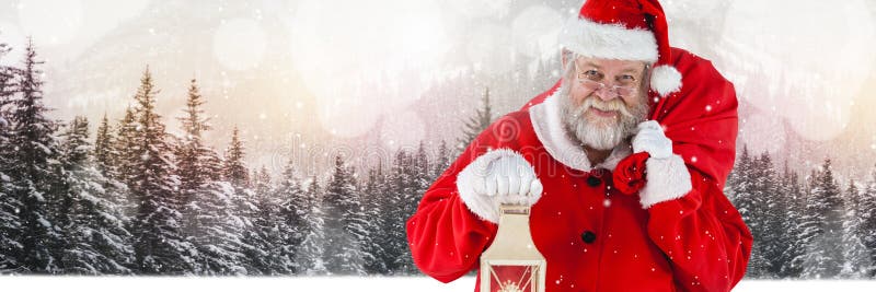 Santa with Winter Landscape Holding Lantern and Sack Stock Image ...