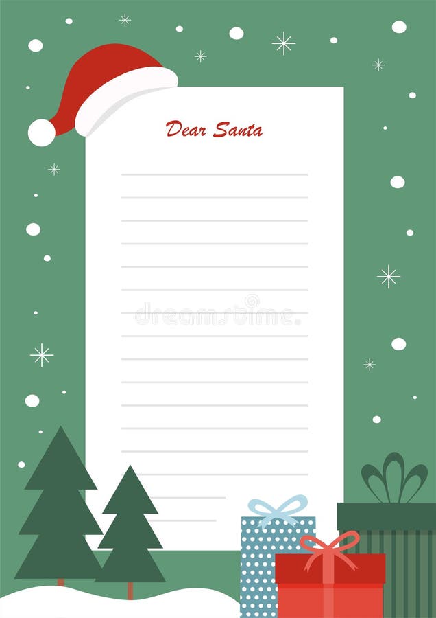 Santa Wish List with Gift and Pine Tree Ornament on Green Background ...