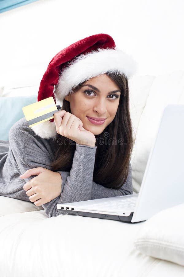 Santa Woman Doing Online Shopping Stock Image - Image of hardwood ...