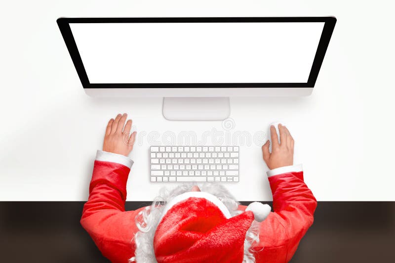 Santa Work on Computer with Isolated Screen for Mockup Stock Image ...