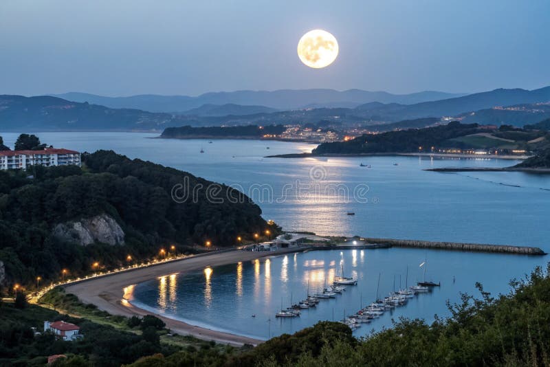 Santander Bay at Night with Full Moon Stock Illustration - Illustration ...