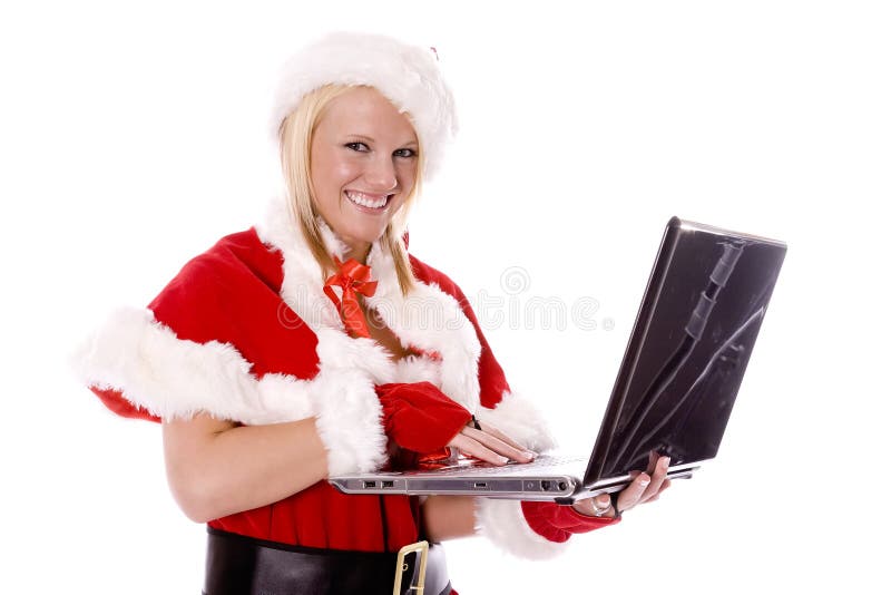 Santas Helper Making List on Computer and Smiling Stock Photo - Image ...