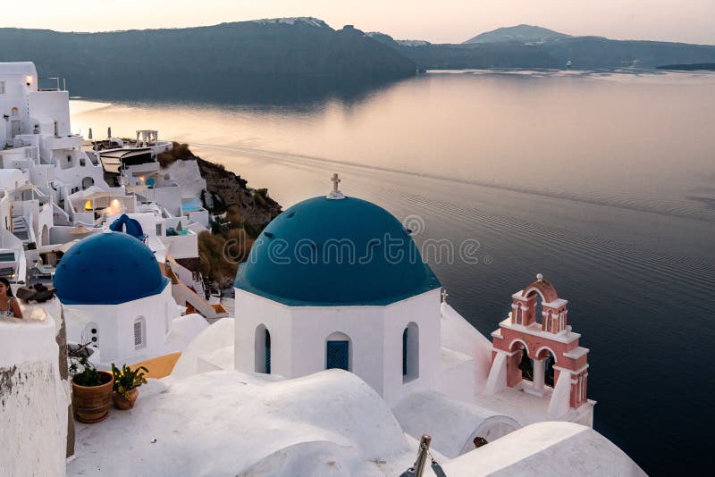 Santorini Blue Dome Churches Stock Photo - Image of building, beauty ...